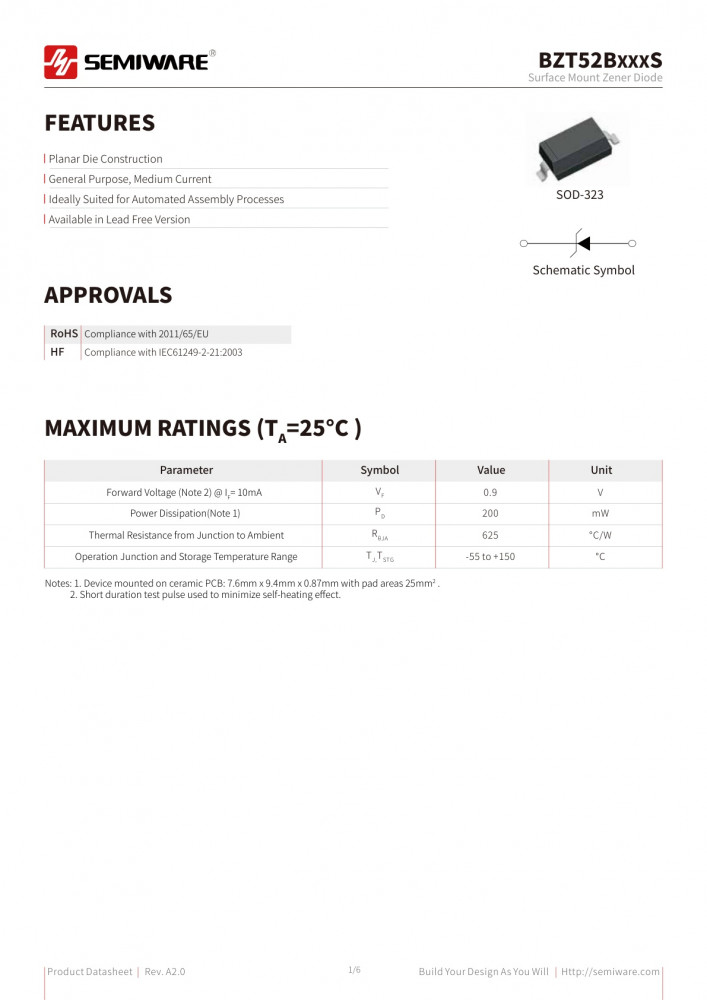 SEMIWARE BZT52B3V3S datasheet page 1