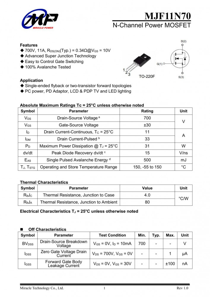 MJF11N70 datasheet page 1