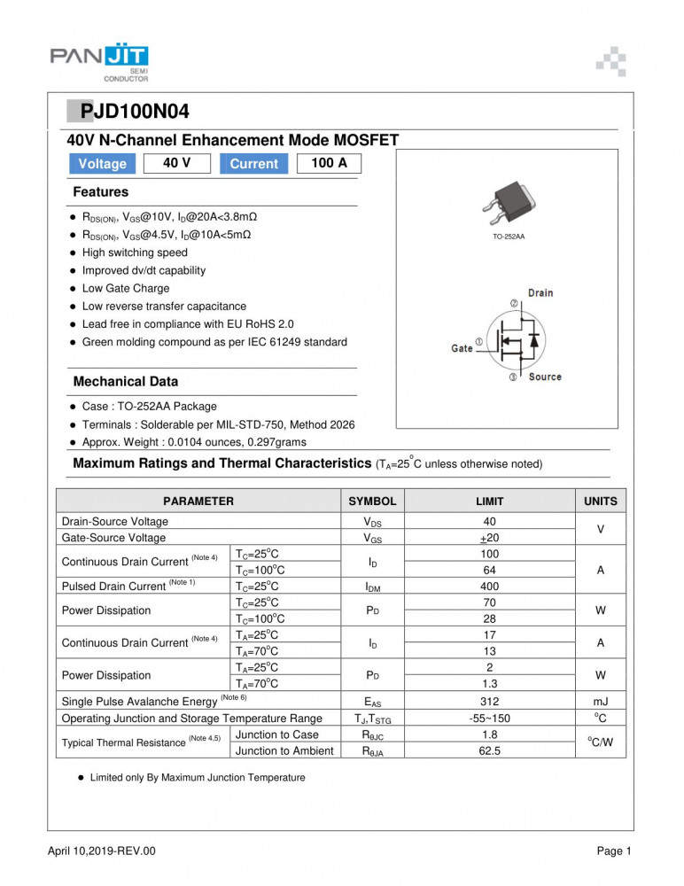 PJD100N04 datasheet page 1