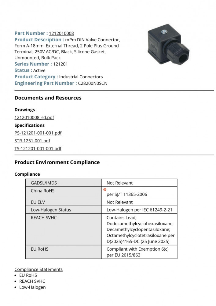 Molex DIN valve connector specification preview, page 1