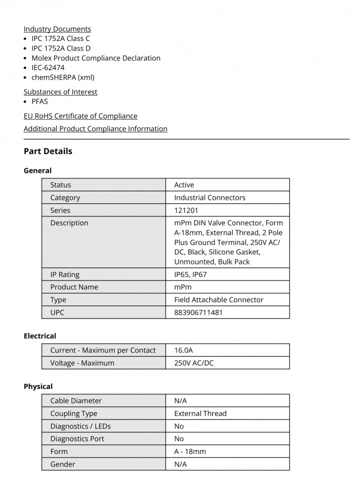 Molex DIN valve connector specification preview, page 2