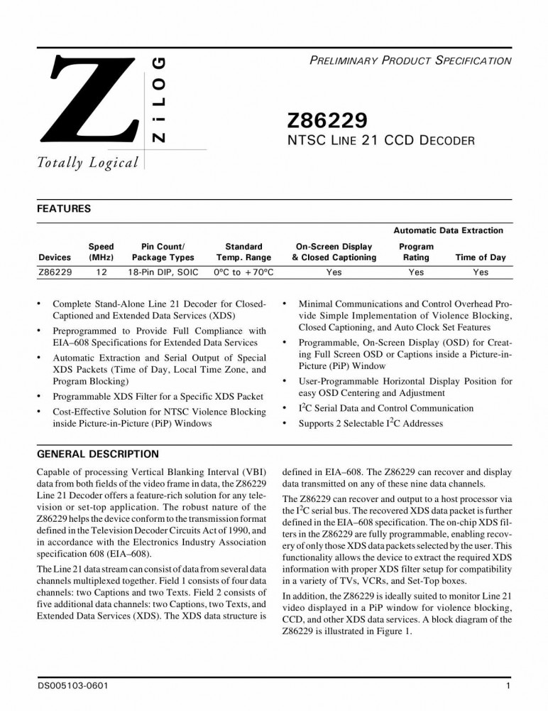 Z86229 datasheet page 1