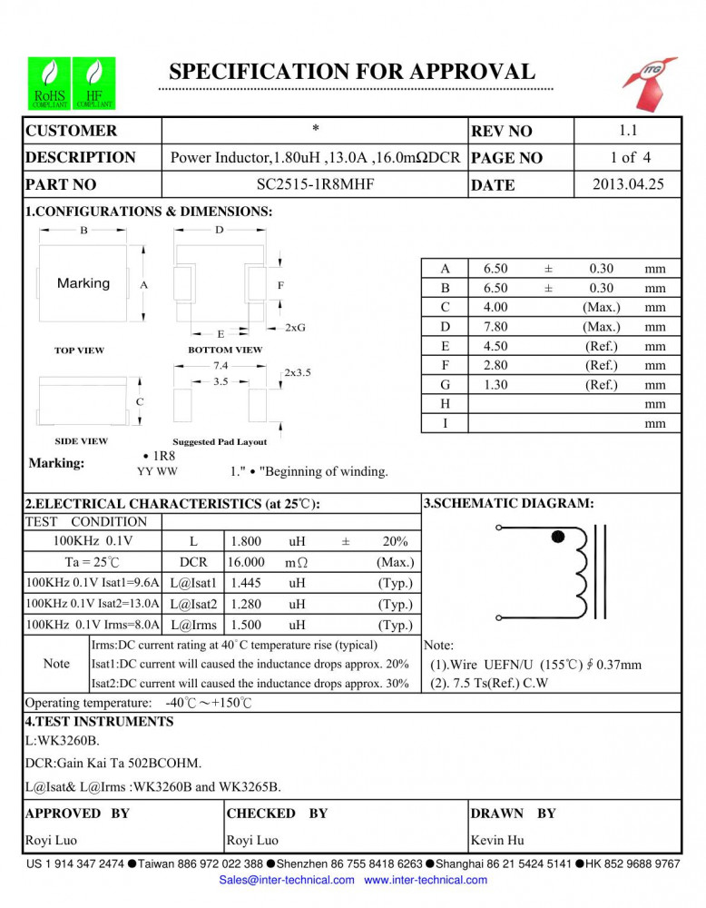 SC2515-1R8MHF technical document page 1