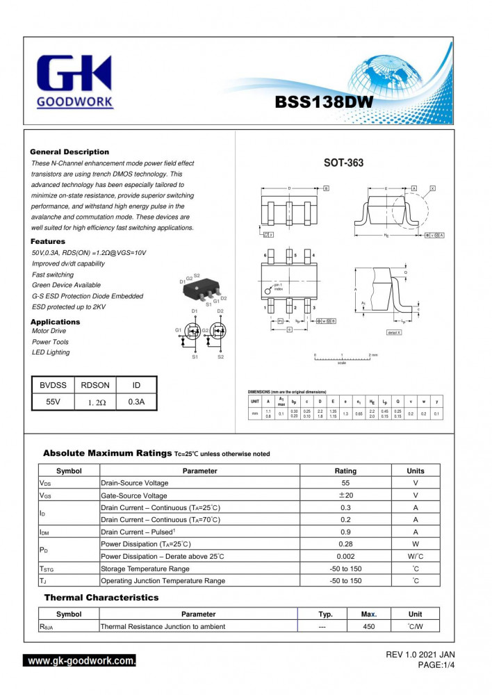 BSS138DW technical document page 1