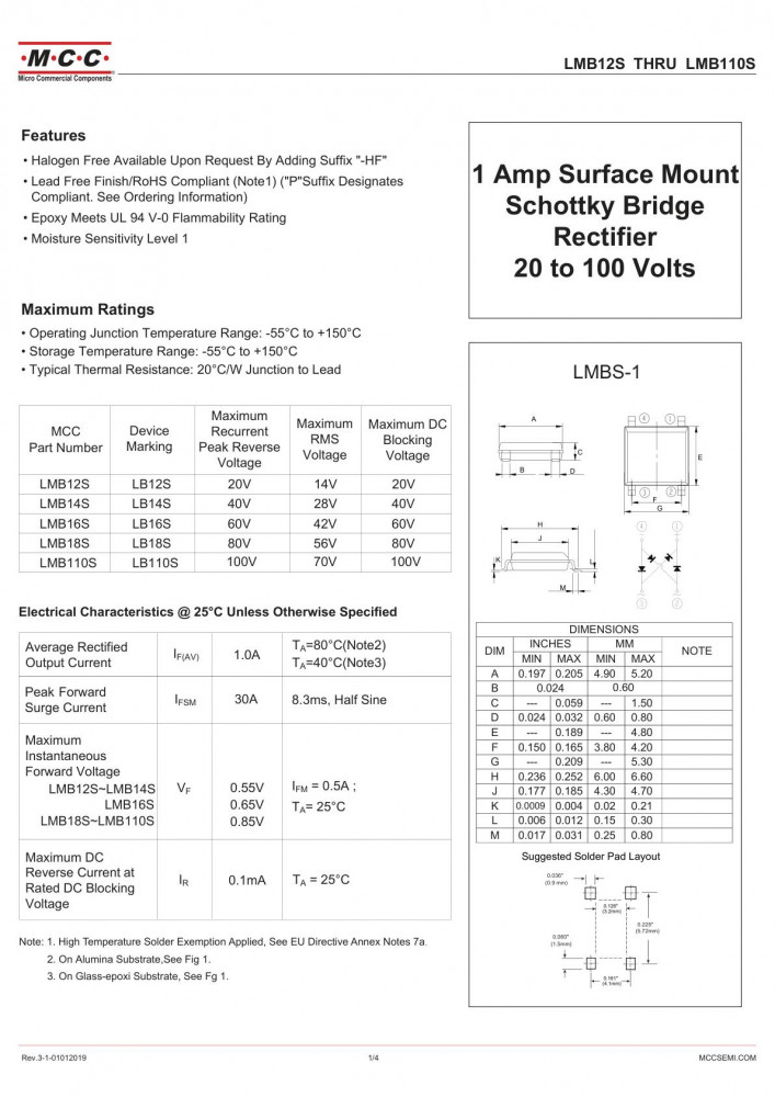 MCC LMB16S-TP datasheet page 1