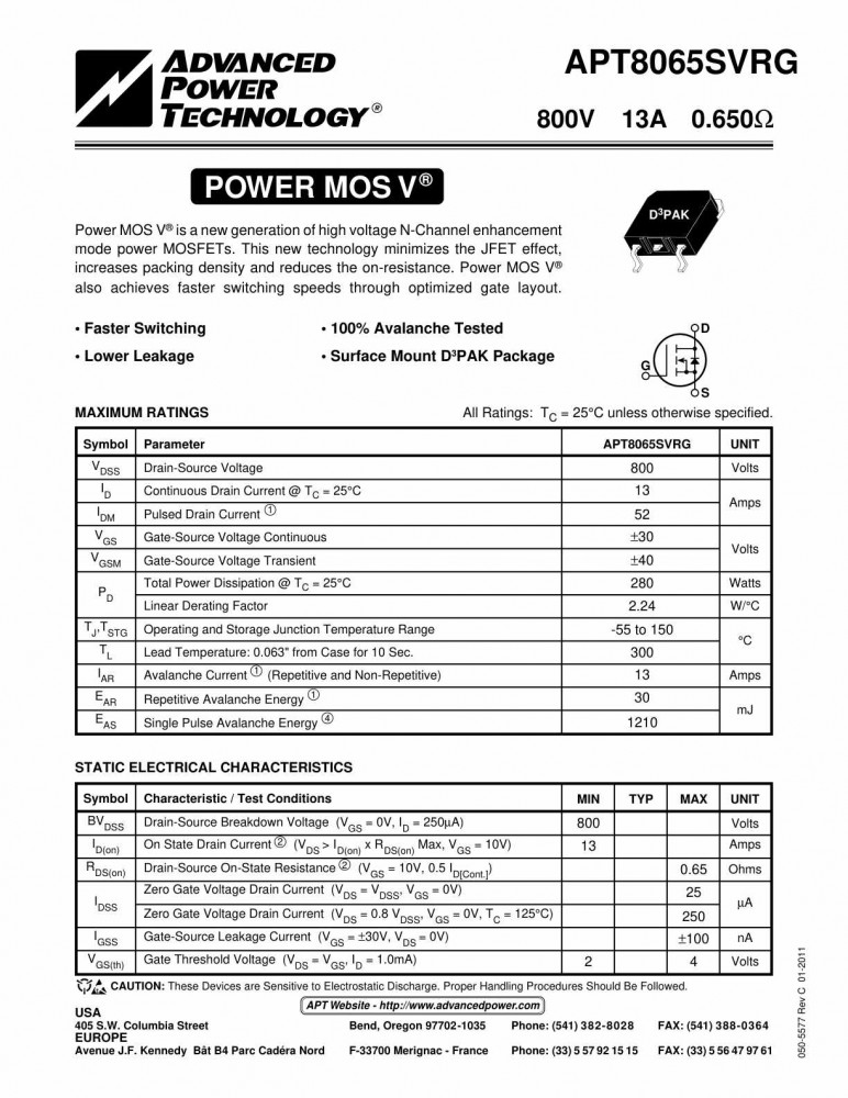 APT8065SVRG datasheet page 1