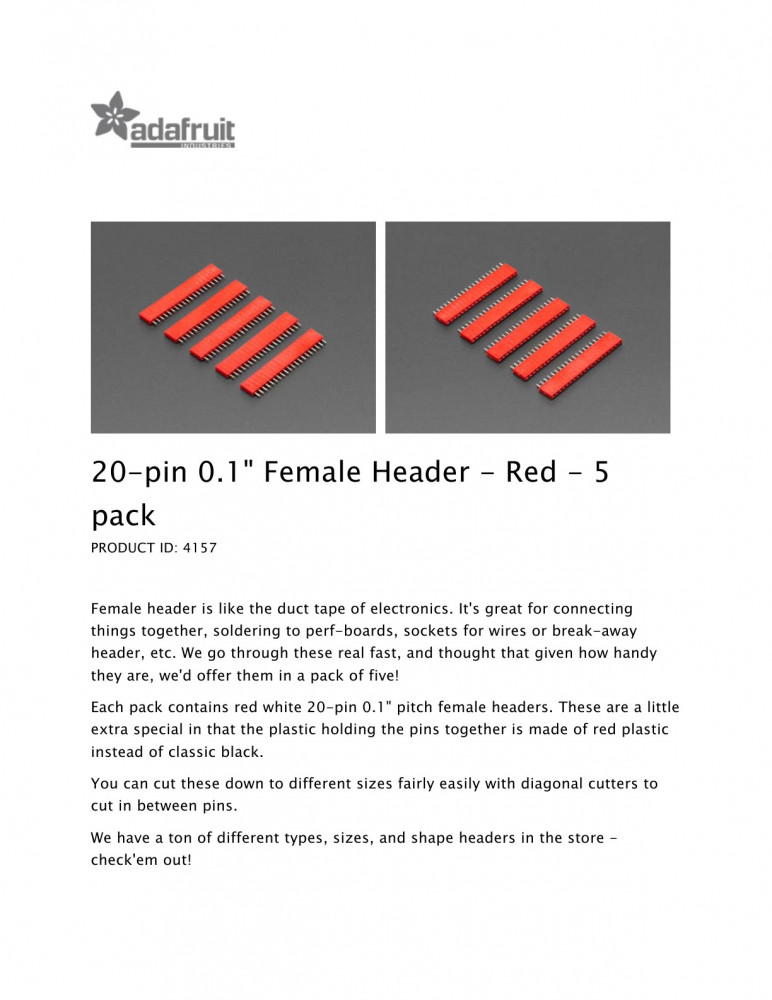 Adafruit 4157 20-pin red female header technical reference image