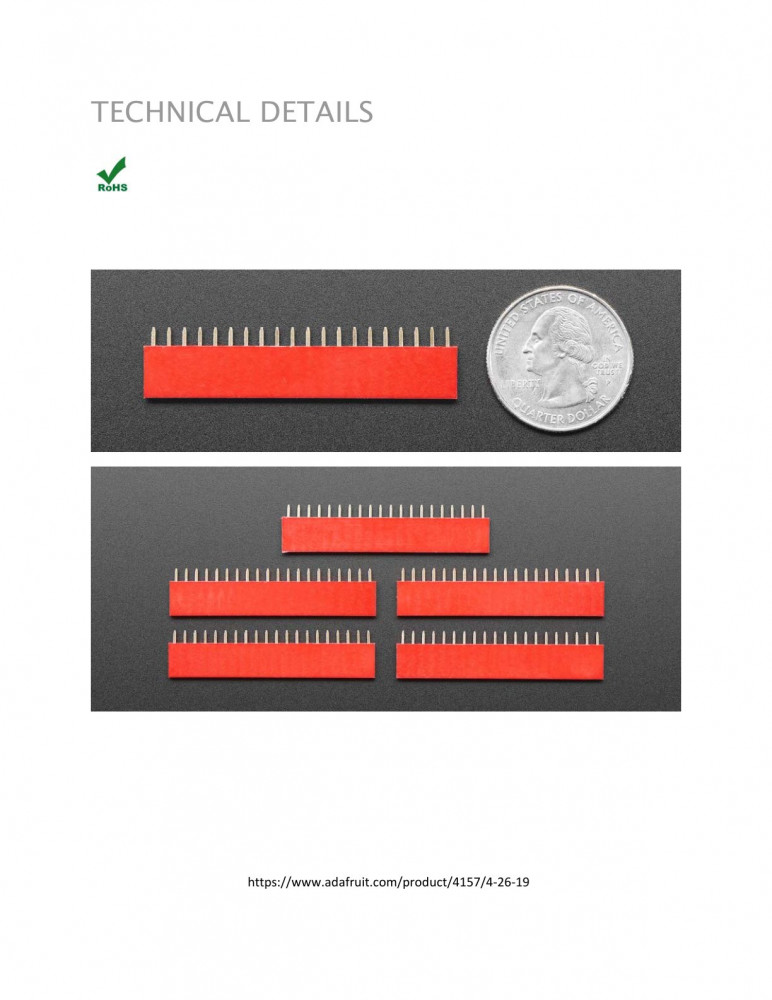 Adafruit 4157 red female header five-pack technical reference image