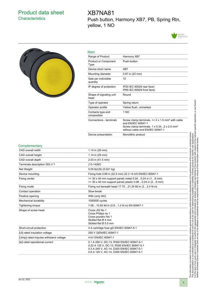 XB7NA81 technical document page 1