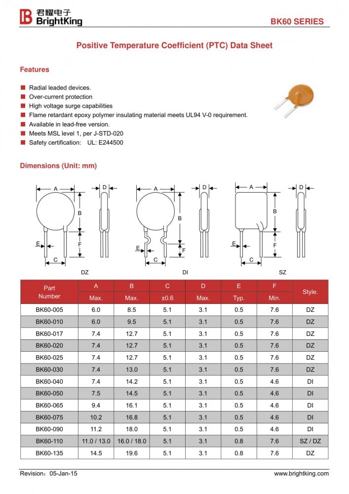 BK60 PTC datasheet page 1