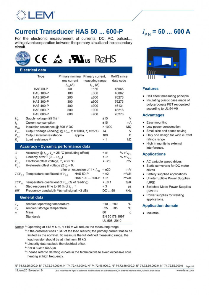 LEM HAS50-P datasheet page 1