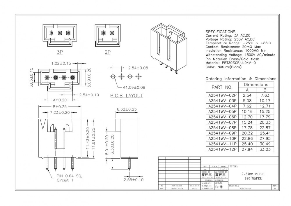 BOOMELE 2.54 mm pitch 180 degree wafer drawing