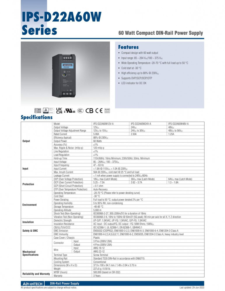 ADVANTECH IPS-D22A60W12V-A datasheet page 1