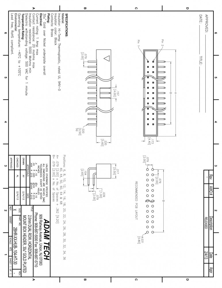 ADAM TECH 2.0 mm dual-row horizontal-mount box header drawing page