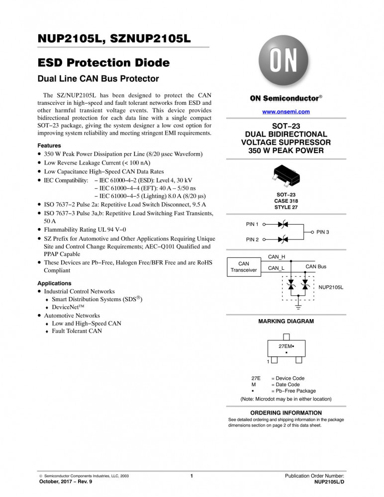 SZNUP2105LT1G datasheet page 1