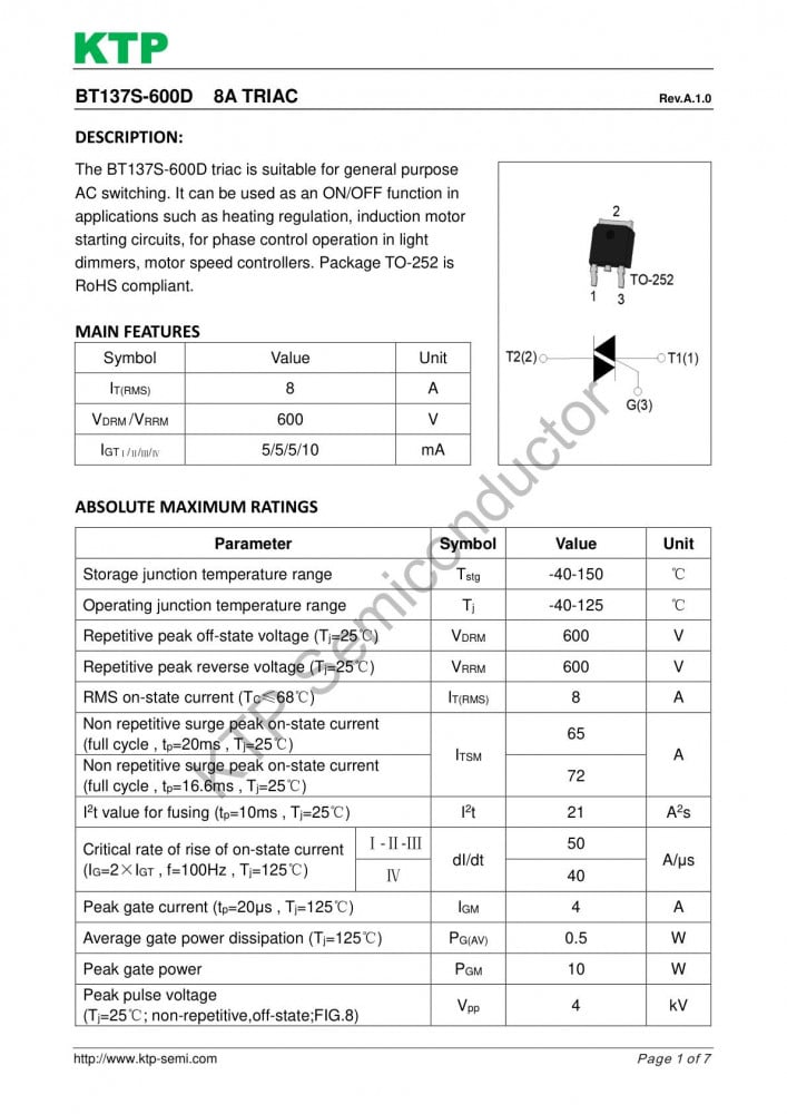 BT137S-600D(KTP) datasheet page 1