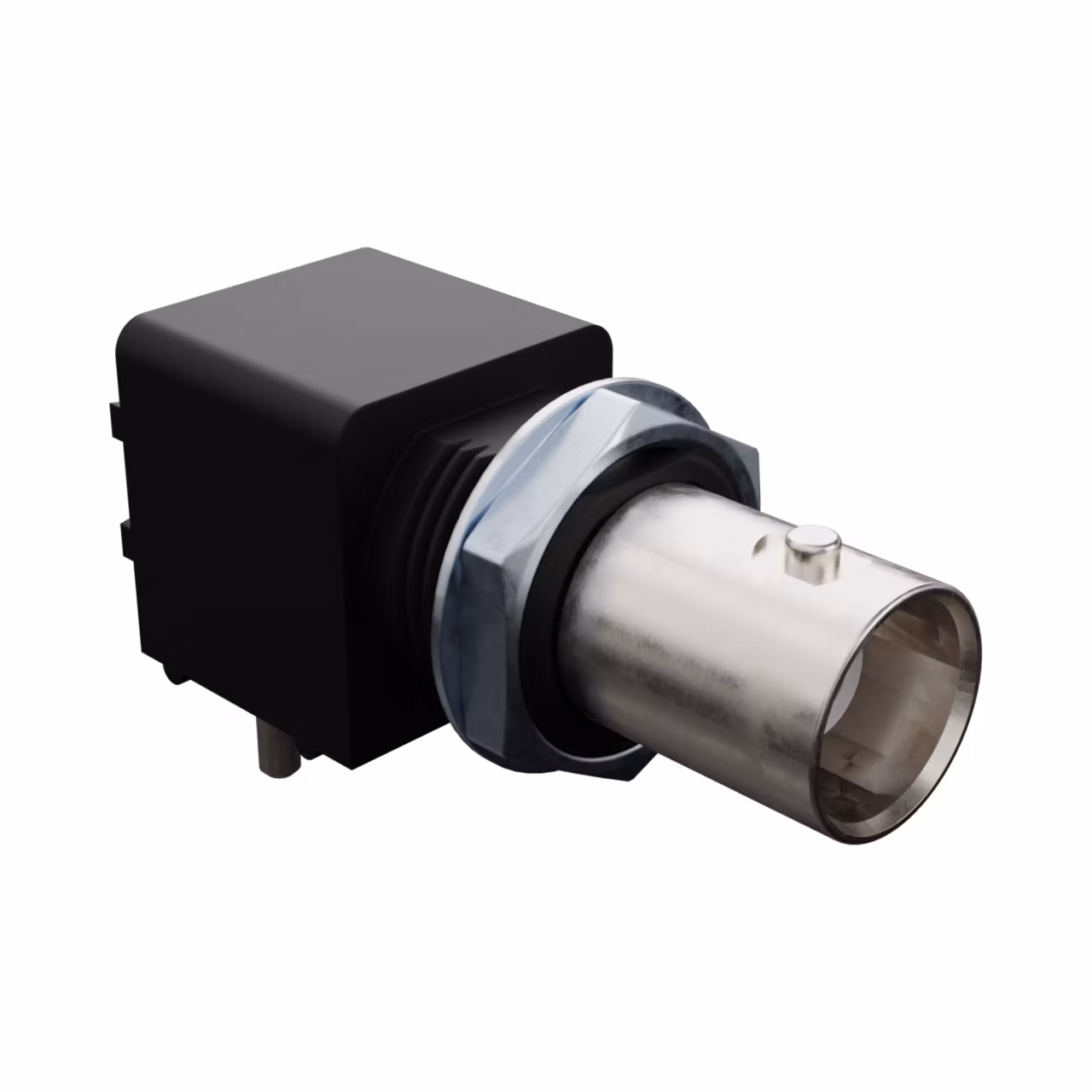 BNC Jack, Right-Angle, Bulkhead Receptacle, PCB, Through Hole, Panel Isolated, Black PBT Housing, Housing Height 15.90mm, Nut and Lockwasher Included, Gold (Au) Flash on Contact, 50 Ohms for sale