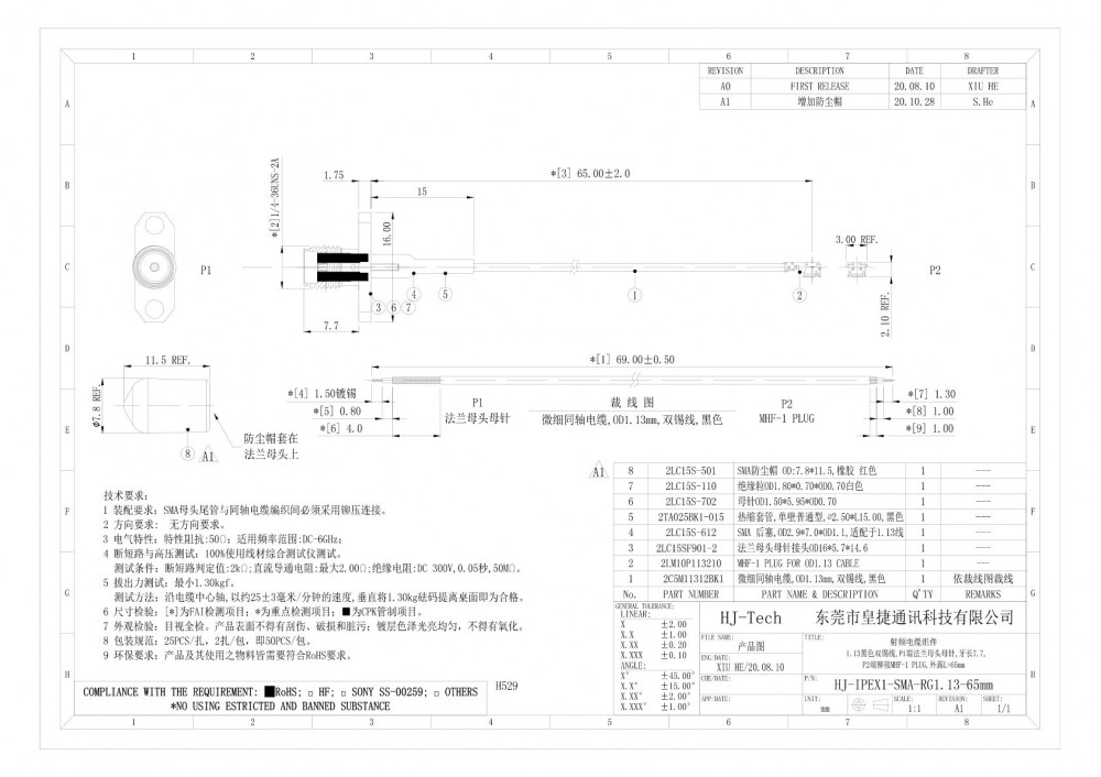 HJ-IPEX1-SMA-RG1.13-65mm product drawing