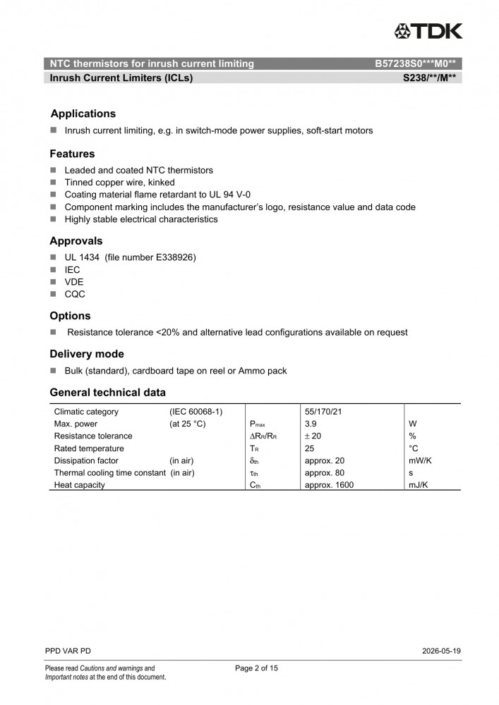 B57238 series datasheet page 2