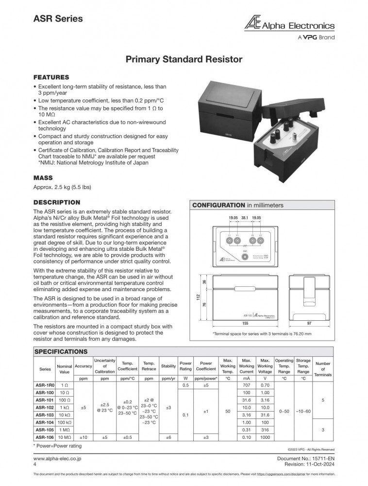 ASR Series standard resistor product documentation