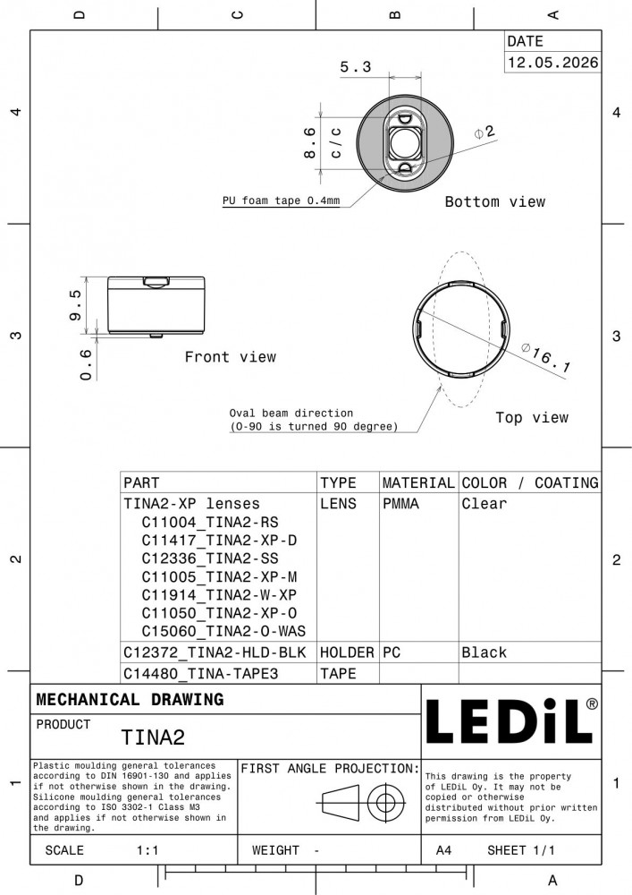Supplied technical document image; source material identifies LEDiL TINA2 optical components