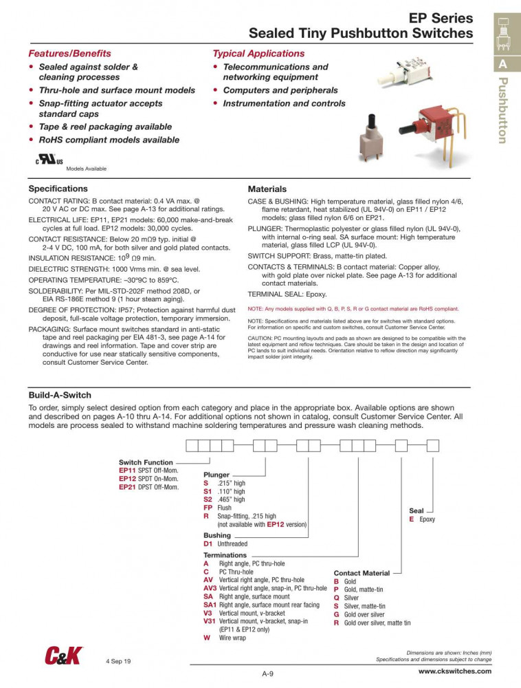 C&K EP series technical document page 1