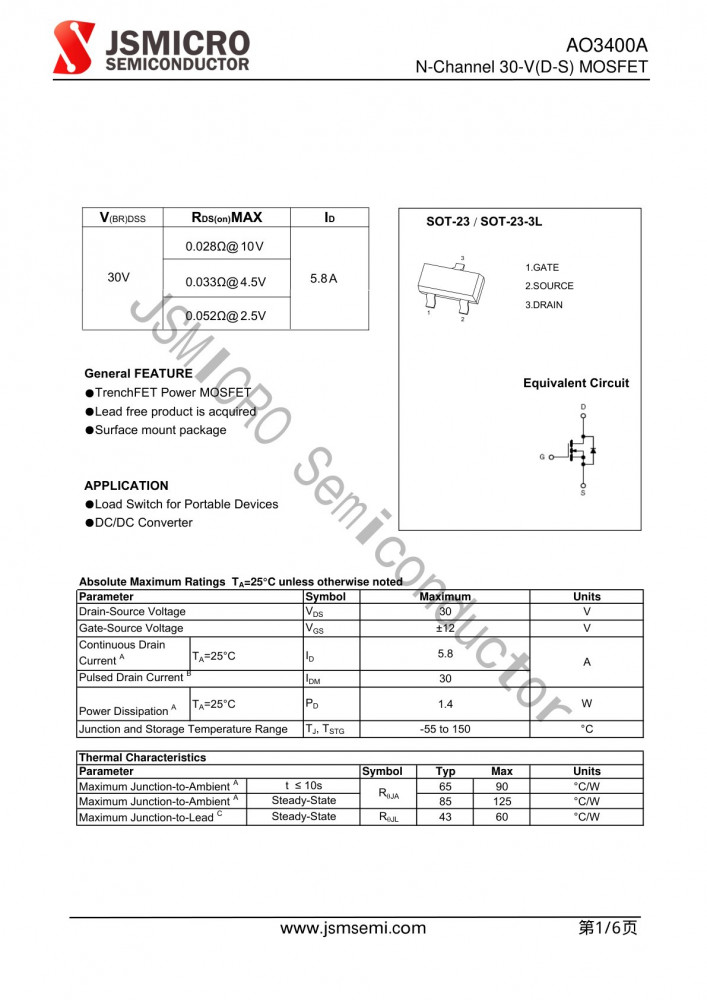 AO3400A datasheet page 1