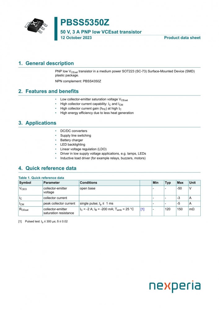PBSS5350Z datasheet page 1