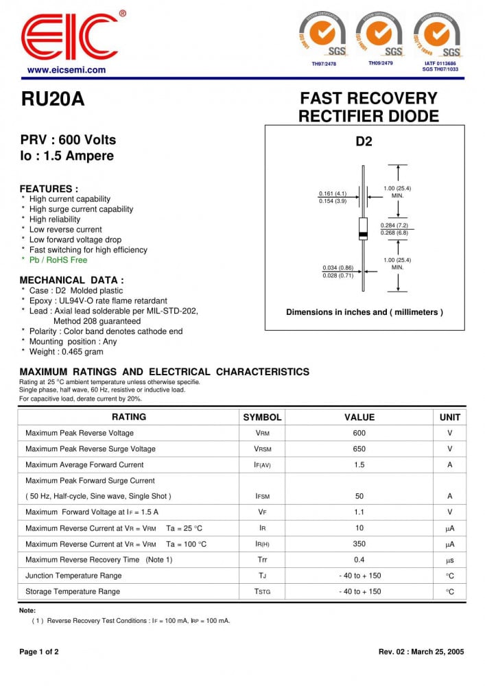 EIC RU20A datasheet page 1