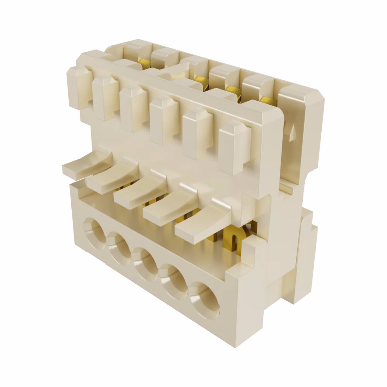 Appli-Mate RAST 2.5 Connector, 2.50mm Pitch, Female, 5 Circuits, No Position Keys Removed, Polarizing Rib Between 2/3, Locking Pips, 1 Slotted and 1 Open Endwall, Gold Plating for sale