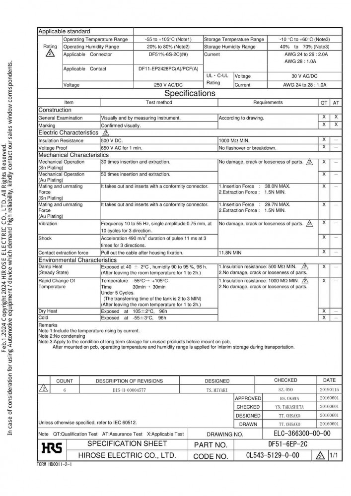 HRS DF51-6EP-2C specification sheet preview