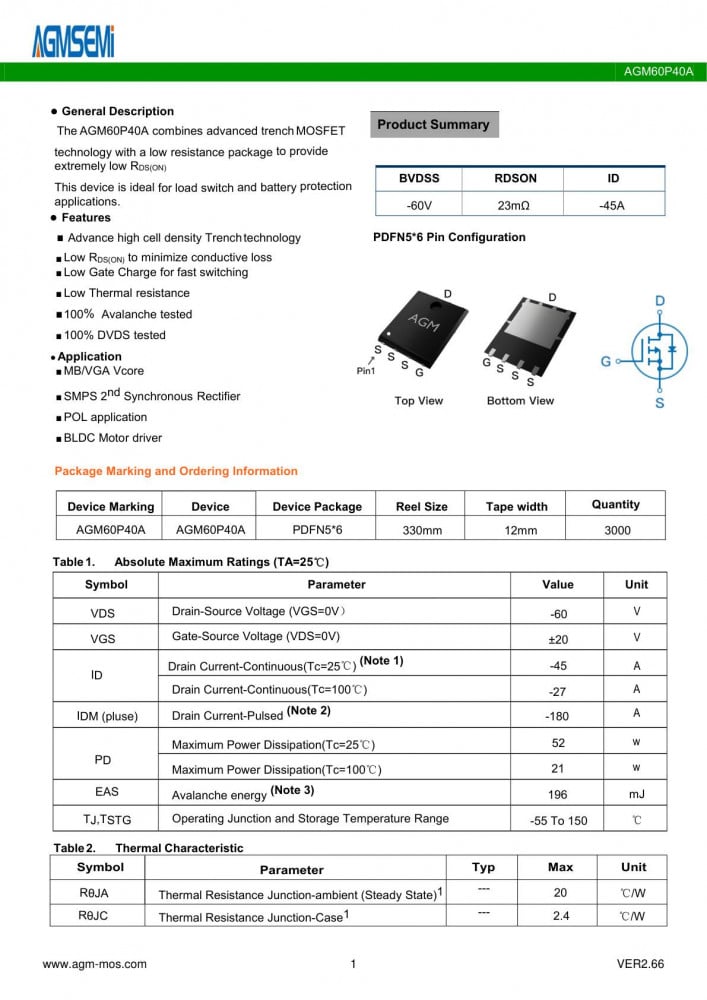 AGM60P40A datasheet page 1