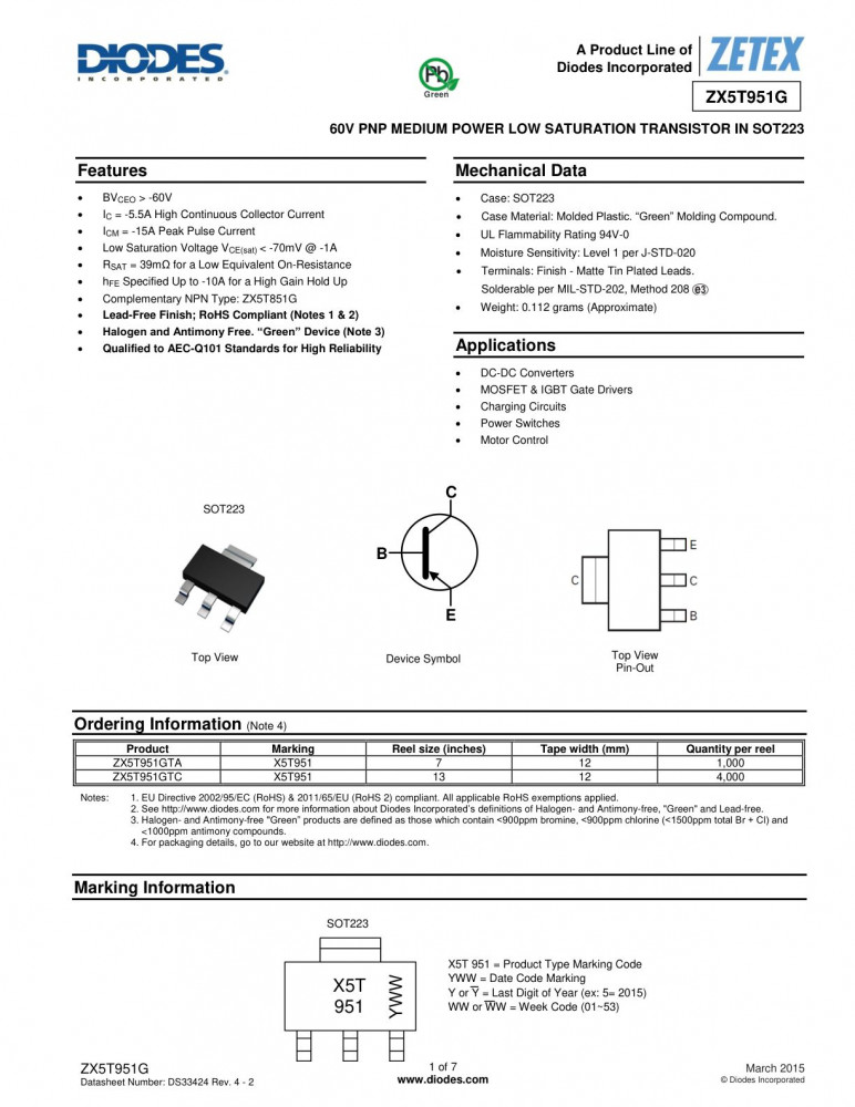 ZX5T951GTC datasheet page 1