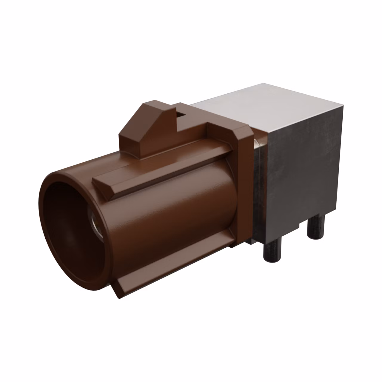 FAKRA Jack, Right-Angle, PCB Receptacle, Through Hole, Die Cast Body, Tin (Sn) Plated, Keying Code F, Brown, 50 Ohms for sale