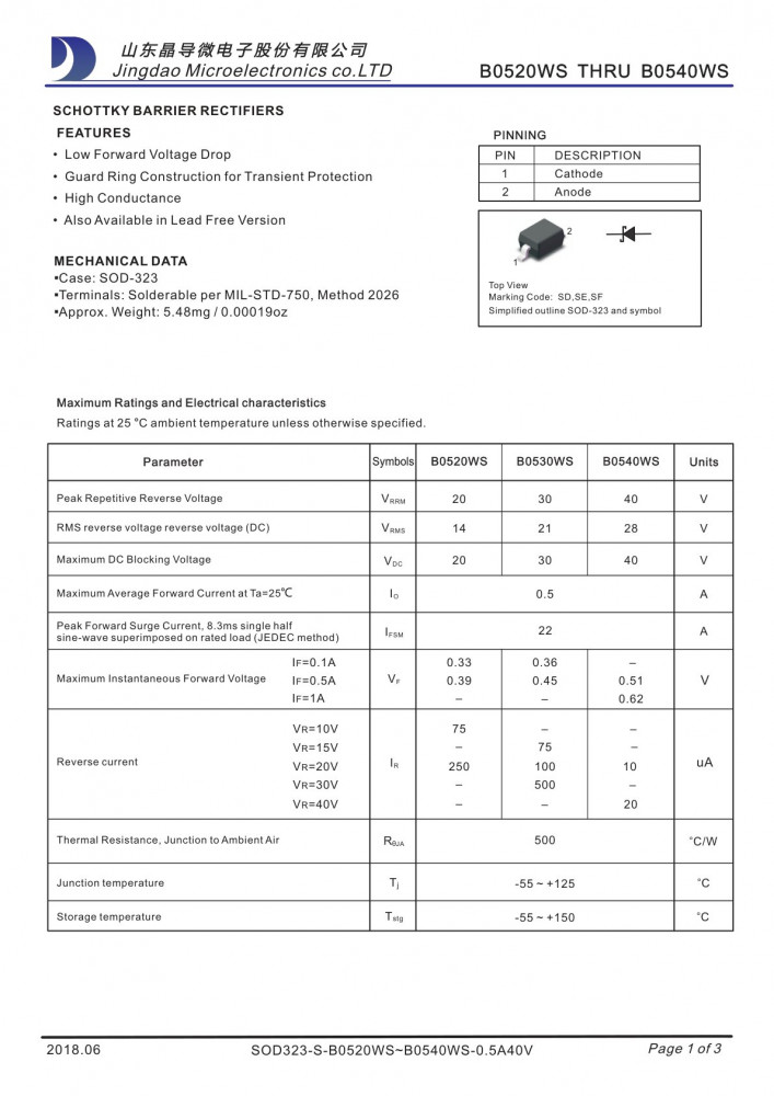 B0540WS datasheet page 1