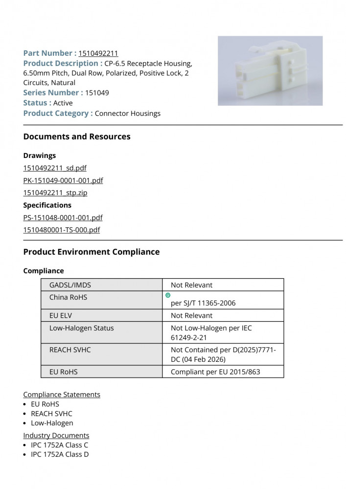 Molex CP 6.5 connector specification preview, page 1