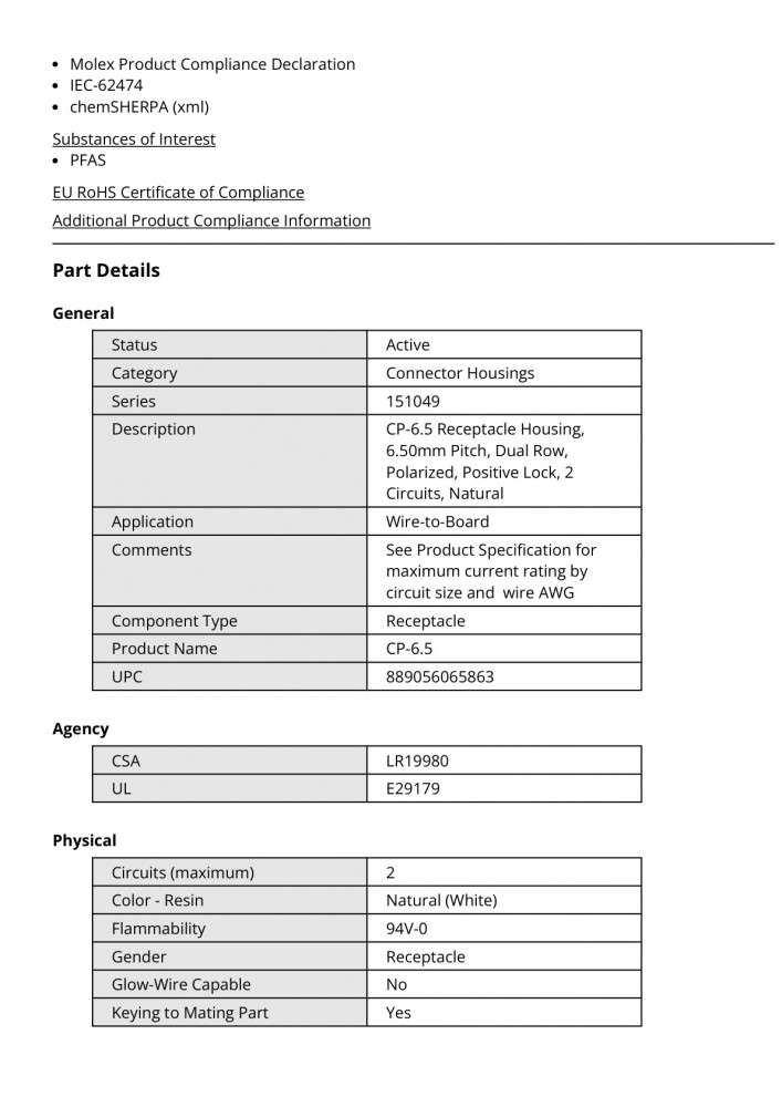 Molex CP 6.5 connector specification preview, page 2