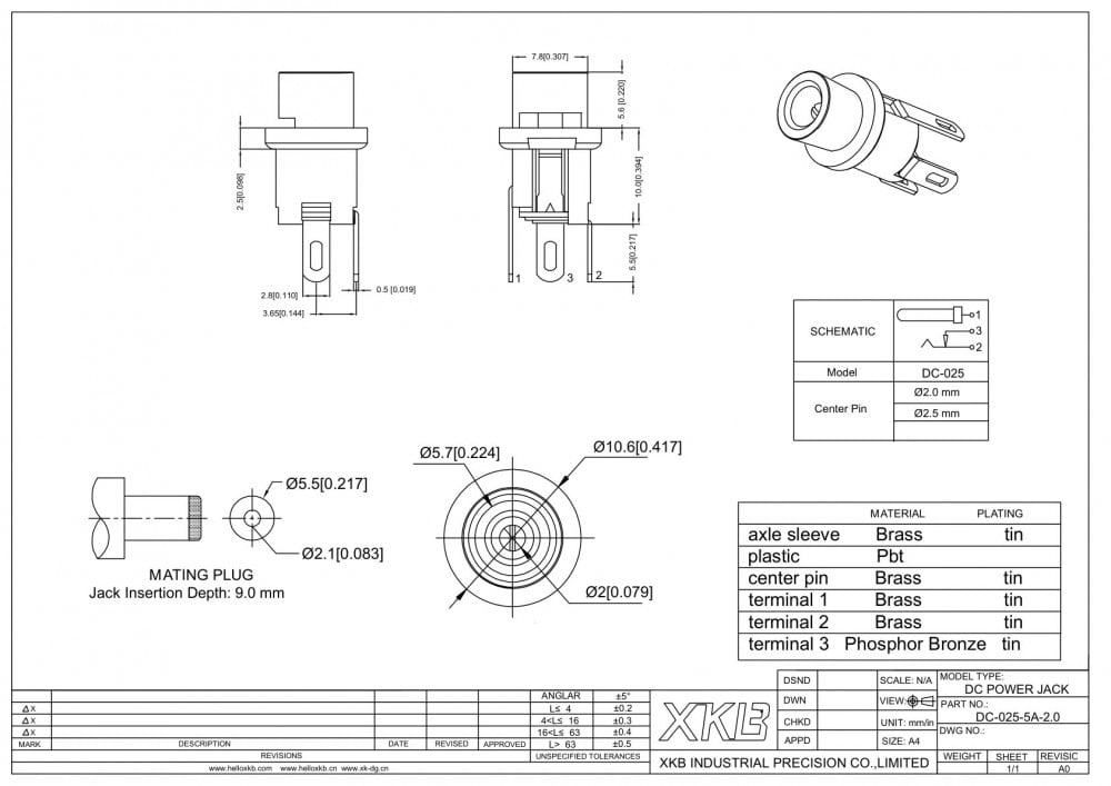 XKB Connection DC-025-5A-2.0 technical drawing