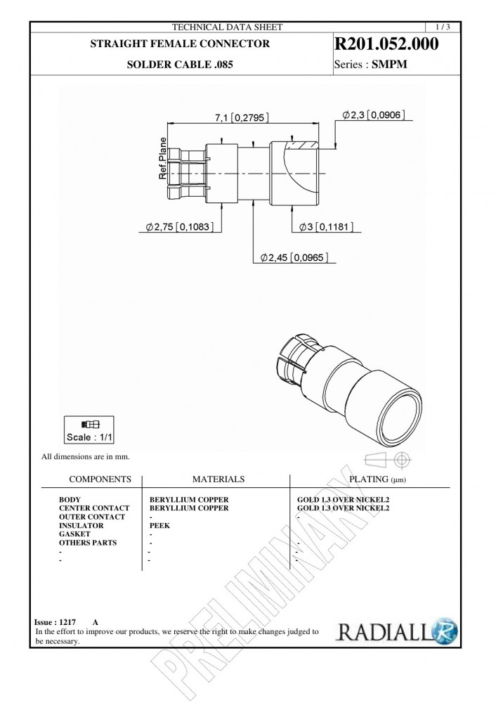 Radiall R201052000 technical datasheet page 1