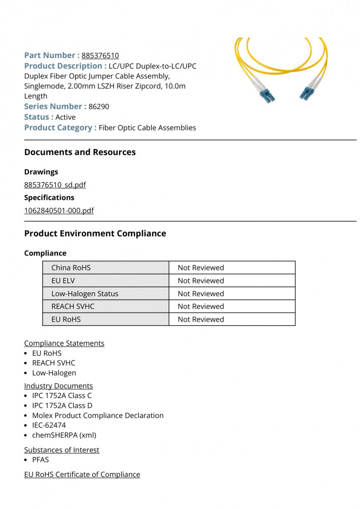 MOLEX 885376510 product drawing, page 1