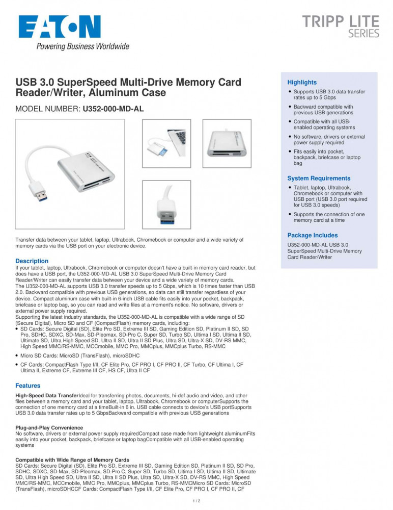U352-000-MD-AL product document page 1