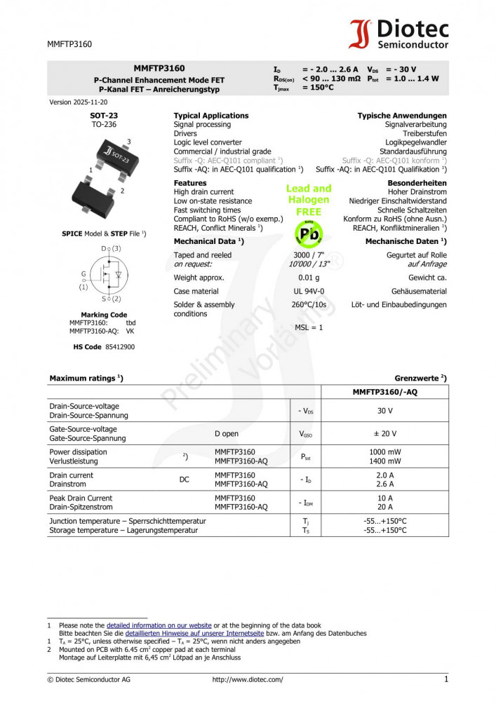 DIOTEC MMFTP3160 datasheet page 1