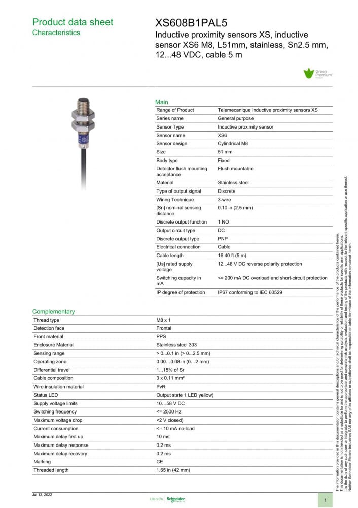 XS608B1PAL5 product documentation page 1