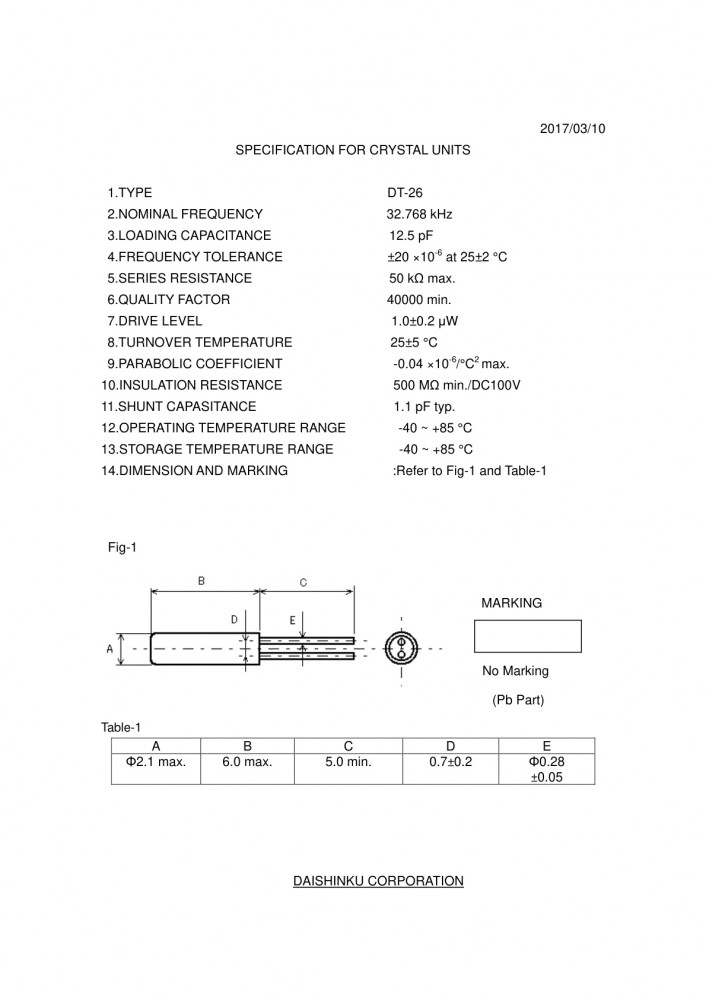 KDS DT-26T crystal unit specification document