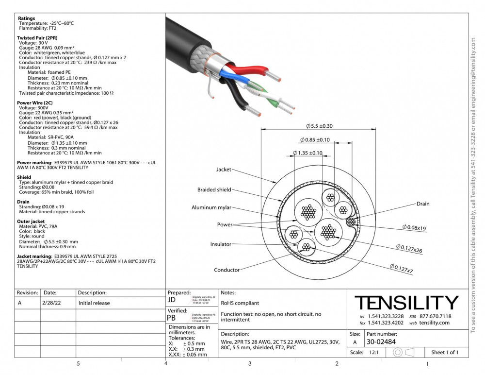 Tensility 30-02484 product drawing and cable construction information