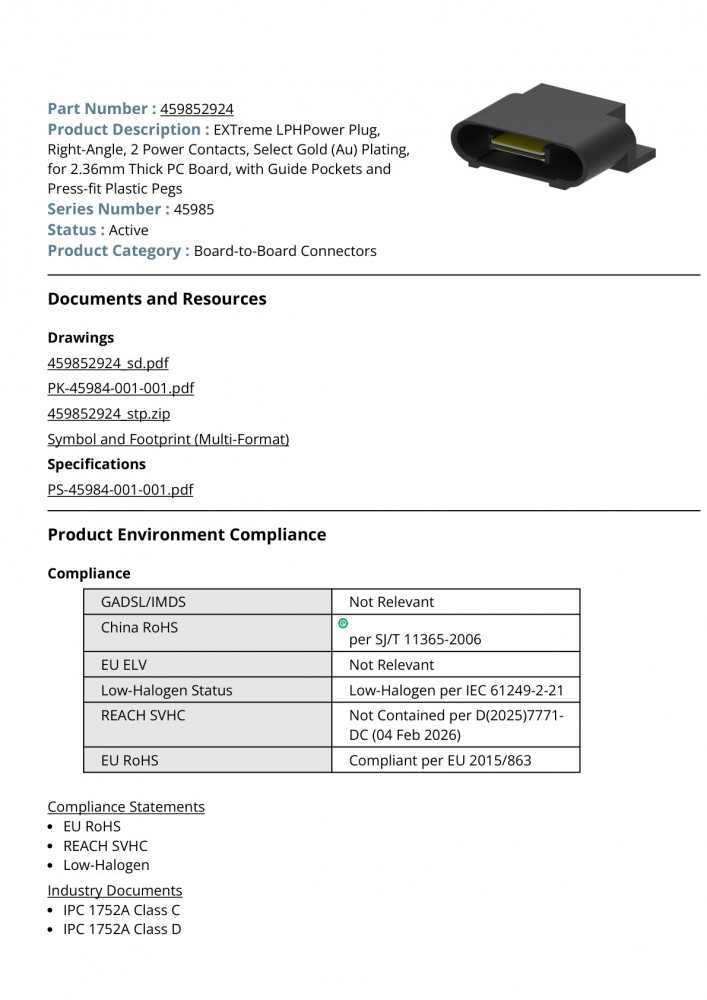 Technical document image 1 for MOLEX 459852924