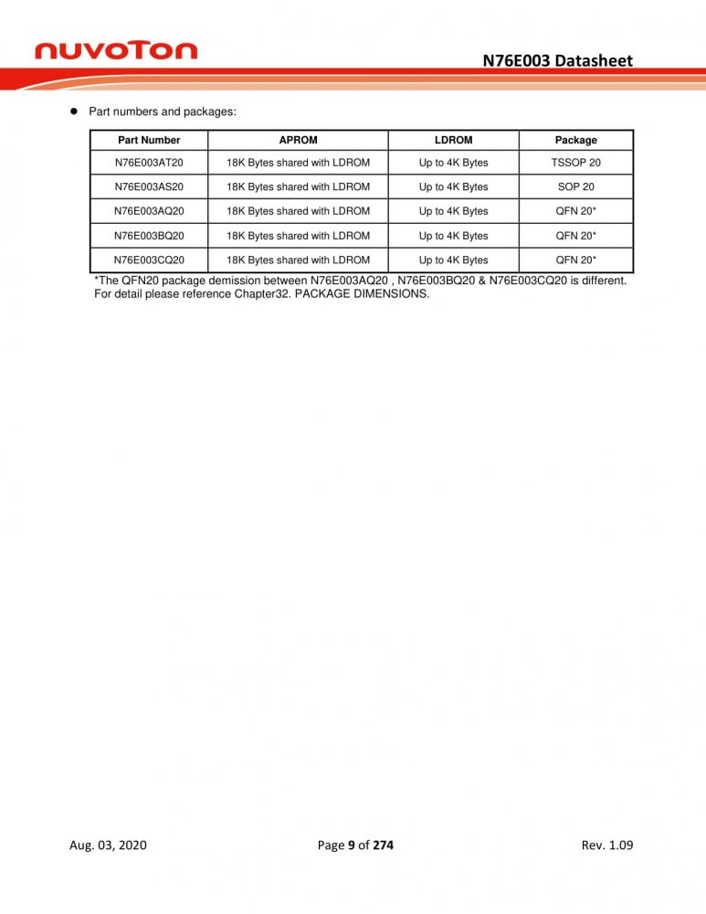 N76E003 datasheet page 9