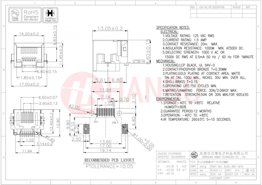 Hanbo Electronic RJ45-881-810 technical drawing preview