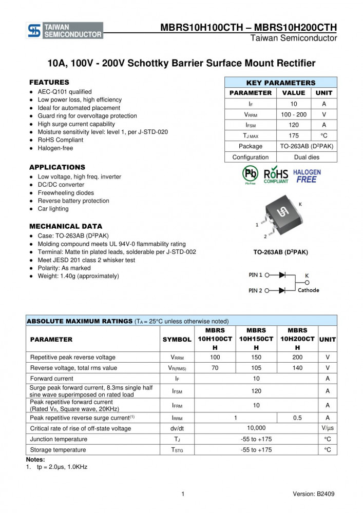 MBRS10H100CTH datasheet page 1