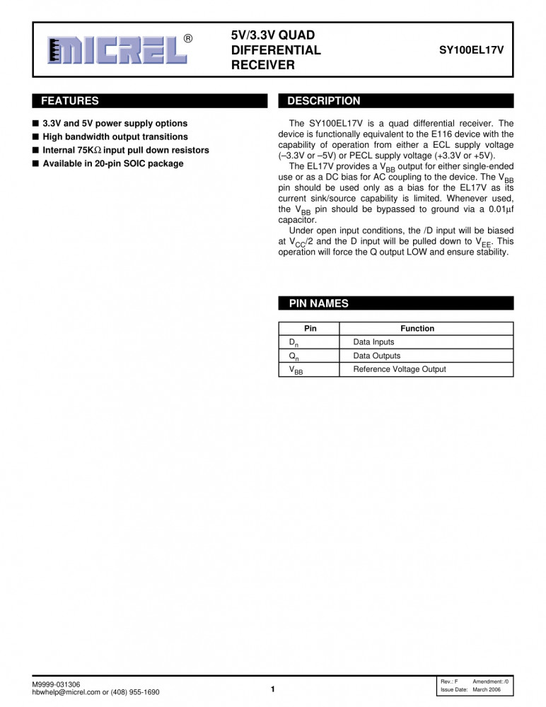 SY100EL17V datasheet page 1